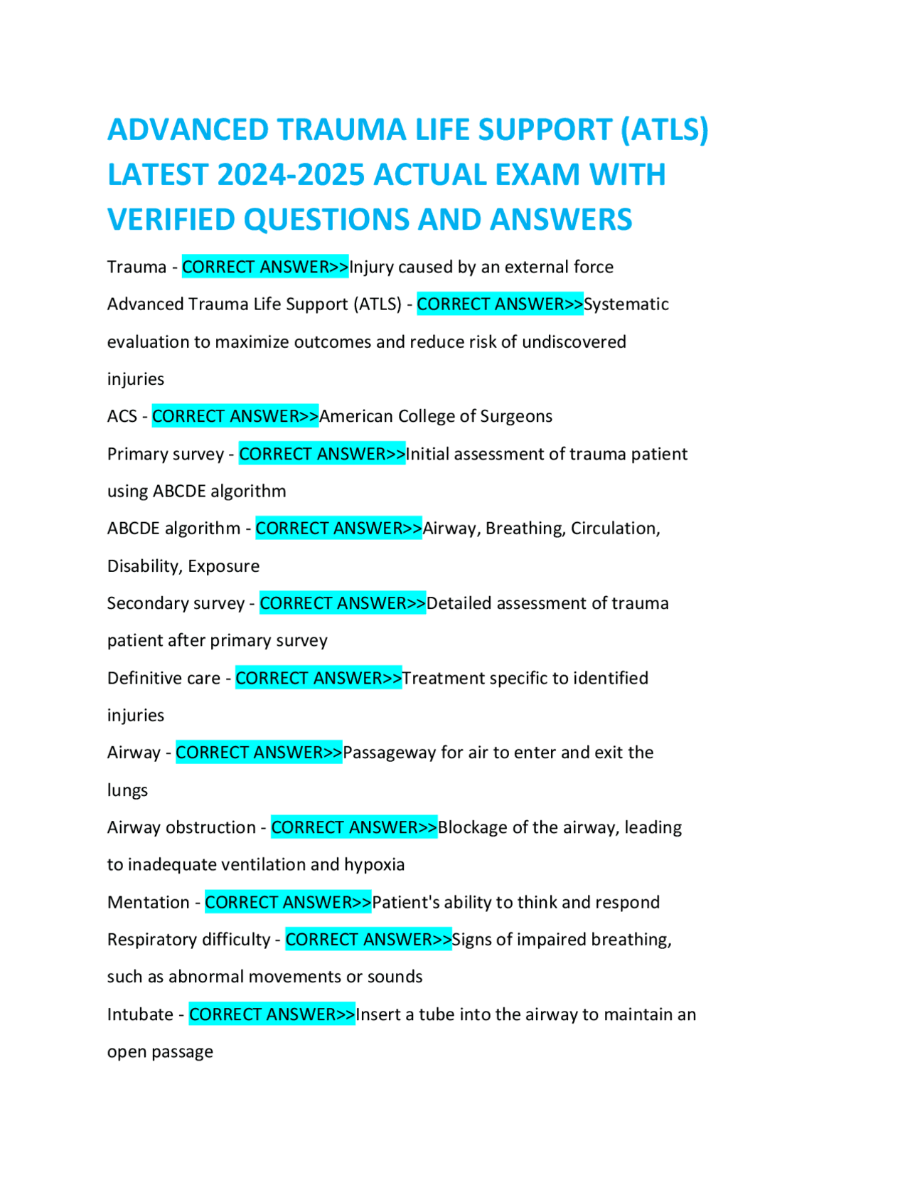 ADVANCED TRAUMA LIFE SUPPORT (ATLS) LATEST 2024-2025 ACTUAL EXAM ...