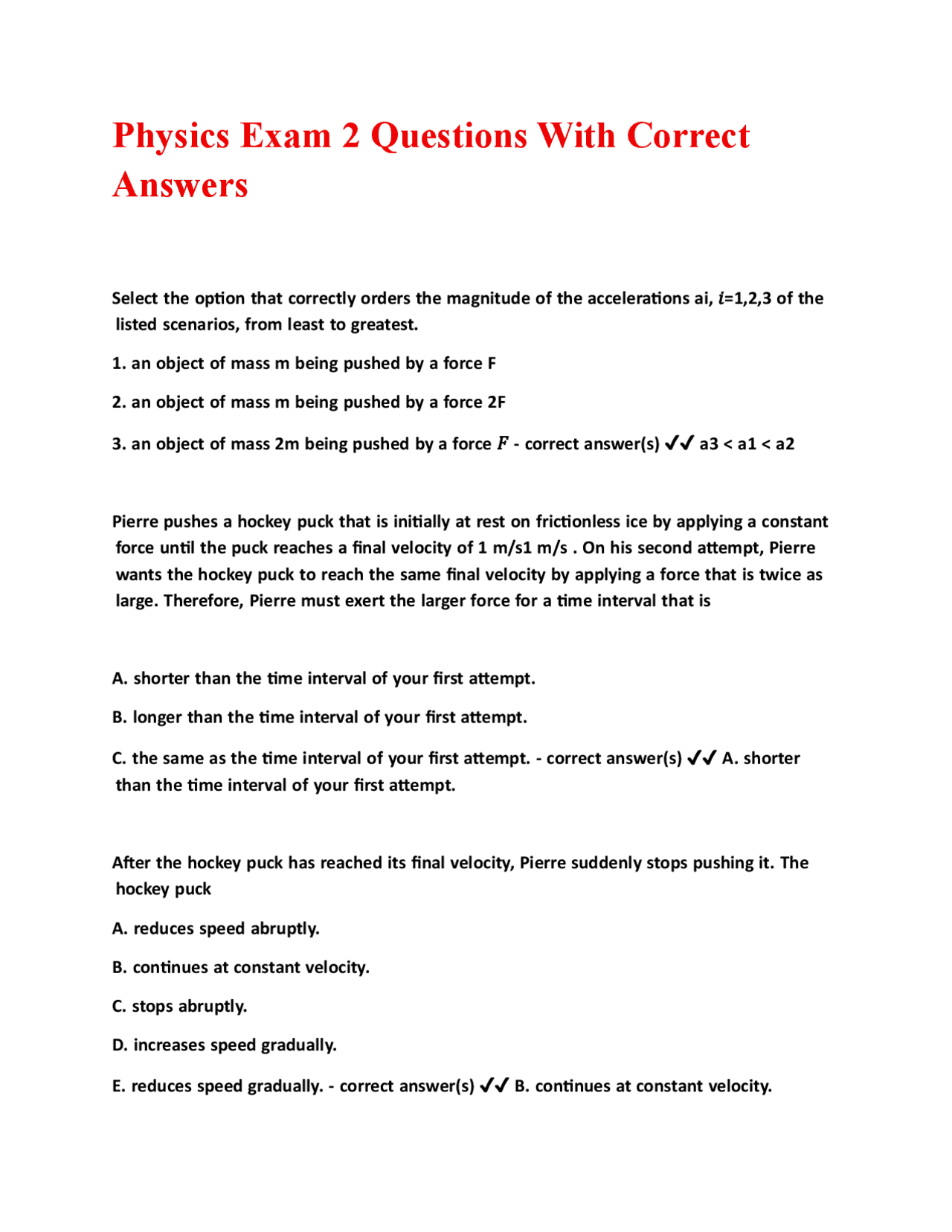 Physics Exam 2 Questions With Correct Answers | Exams Physics | Docsity
