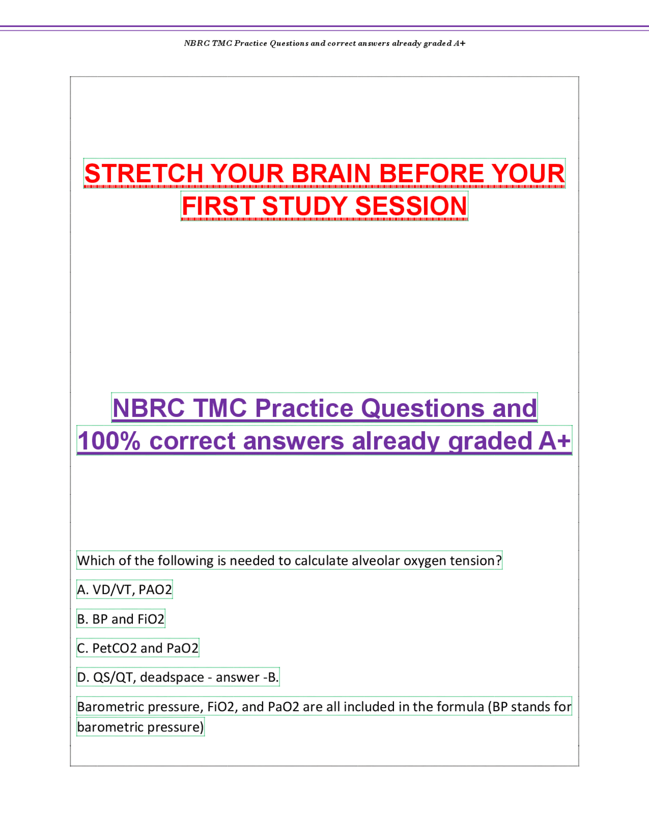 NBRC TMC Practice Questions and 100% correct answers already graded A+ ...