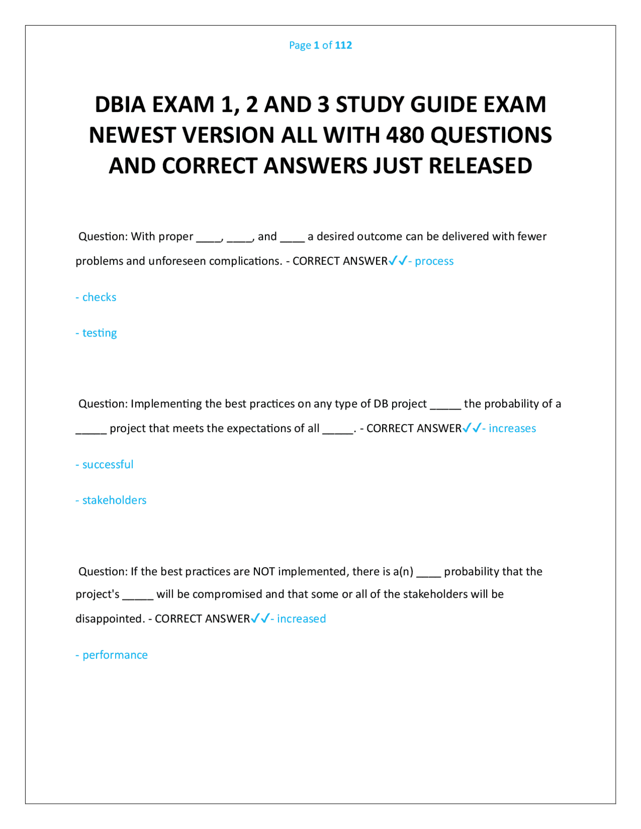 DBIA EXAM 1, 2 AND 3 STUDY GUIDE EXAM NEWEST VERSION ALL WITH 480 ...