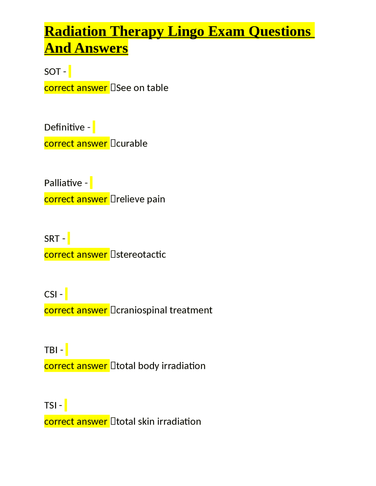 Radiation Therapy Terminology Exam Questions and Answers | Exams Radiation Biology | Docsity