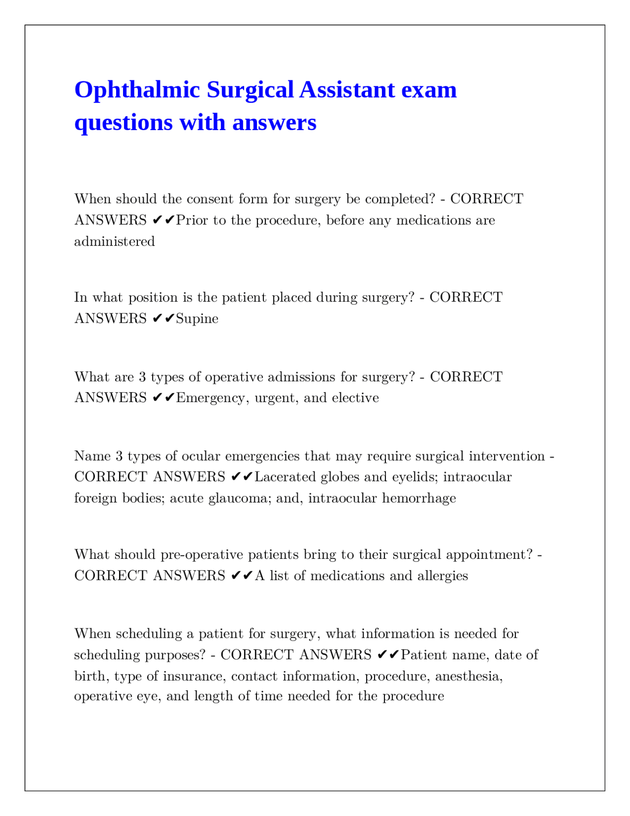Ophthalmic Surgical Assistant exam questions with answers | Exams General Surgery | Docsity