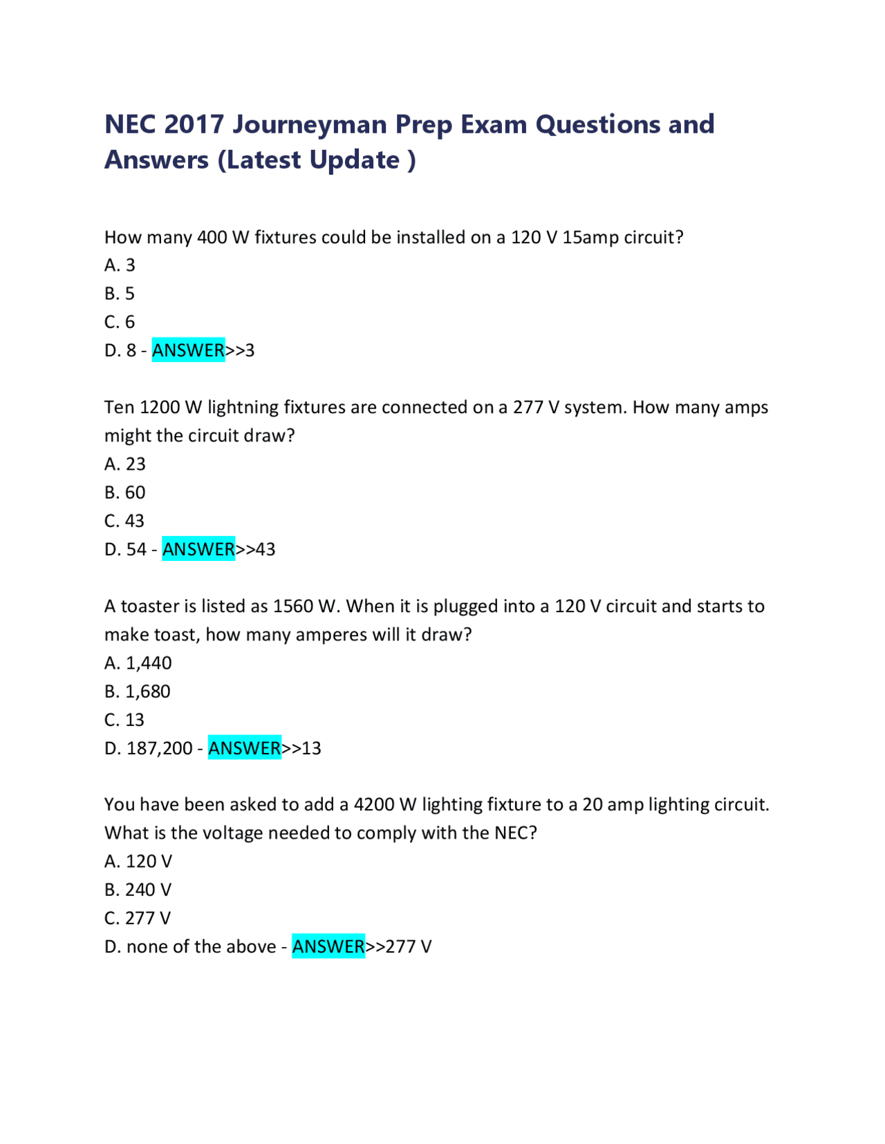 NEC 2017 Journeyman Prep Exam Questions and Answers (Latest Update ...