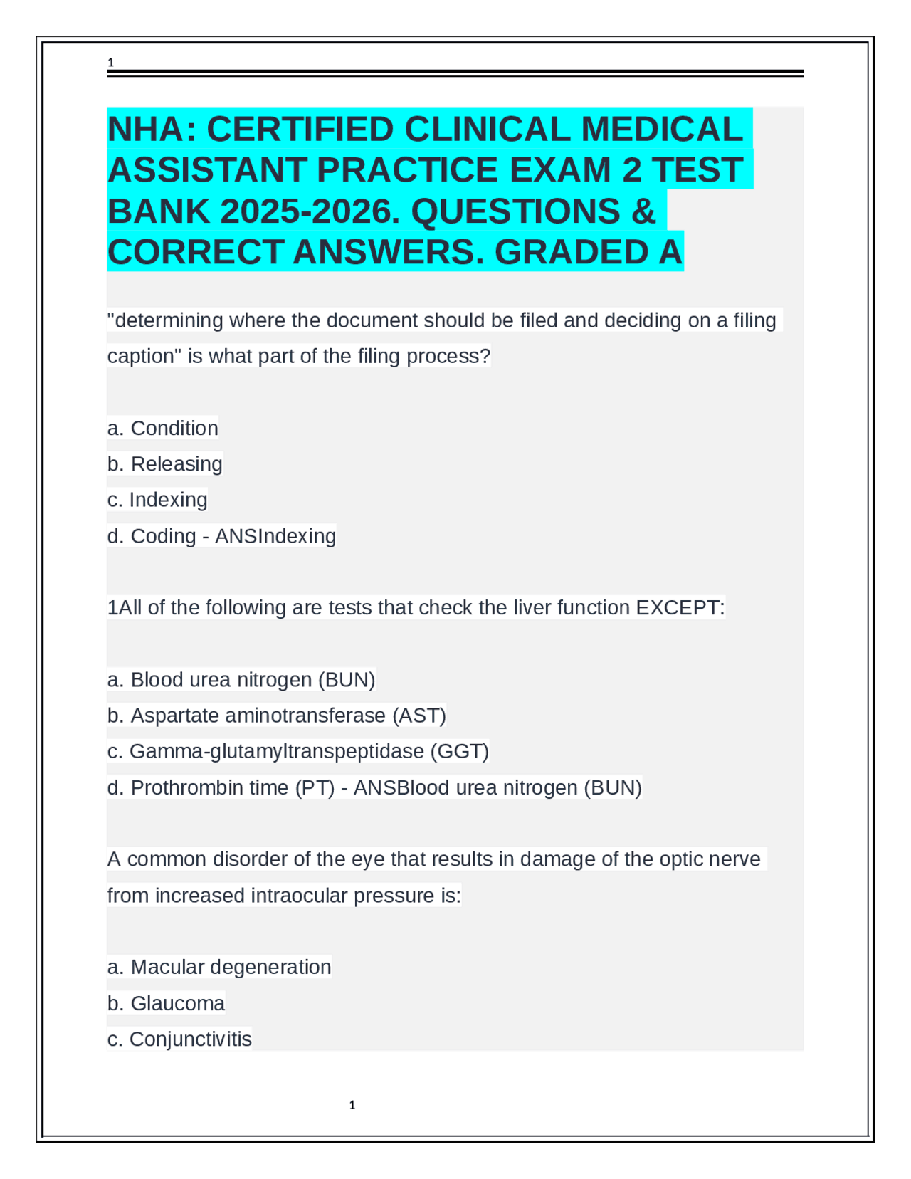 NHA: CERTIFIED CLINICAL MEDICAL ASSISTANT PRACTICE EXAM 2 TEST BANK ...