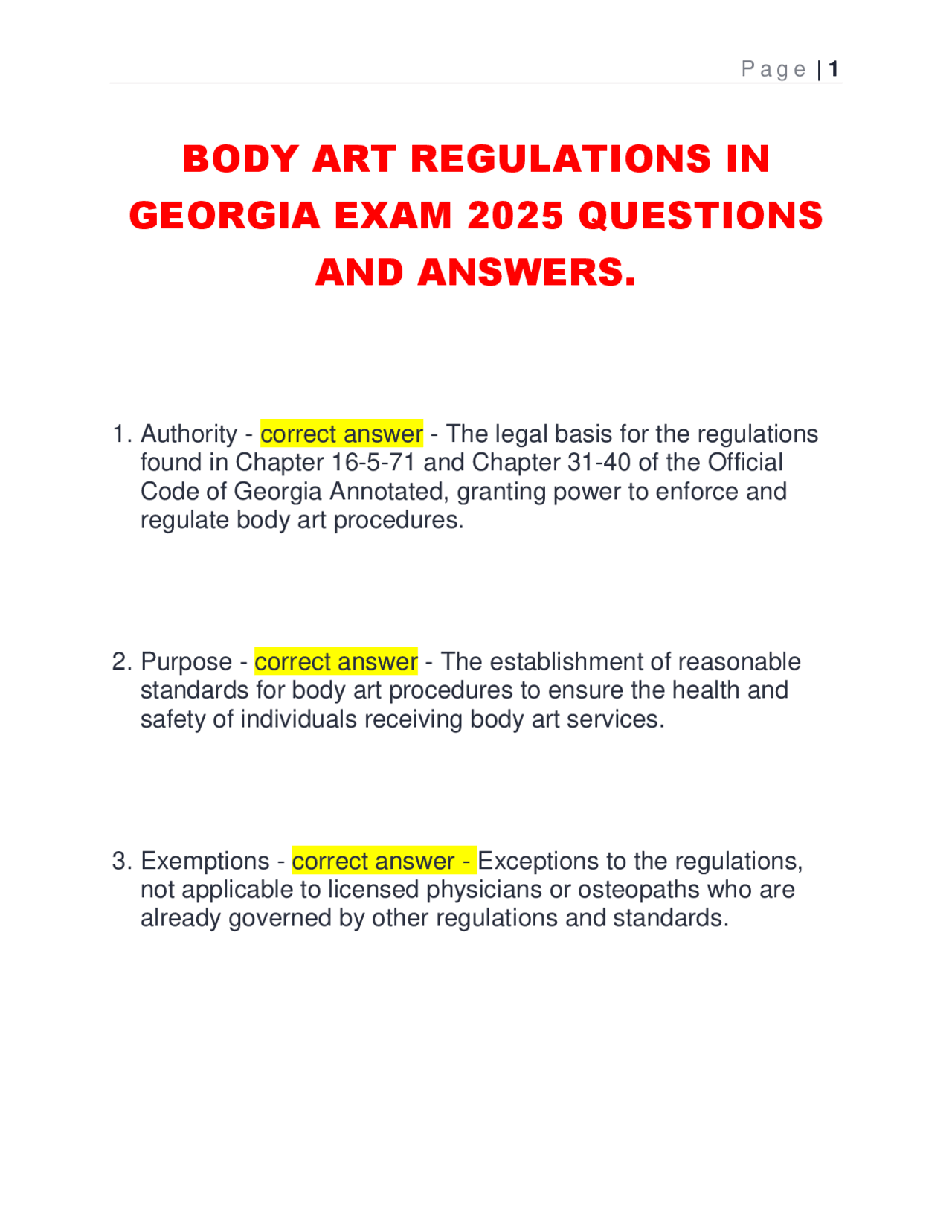 Georgia Body Art Regulations Exam: Questions and Answers 2025 | Exams ...