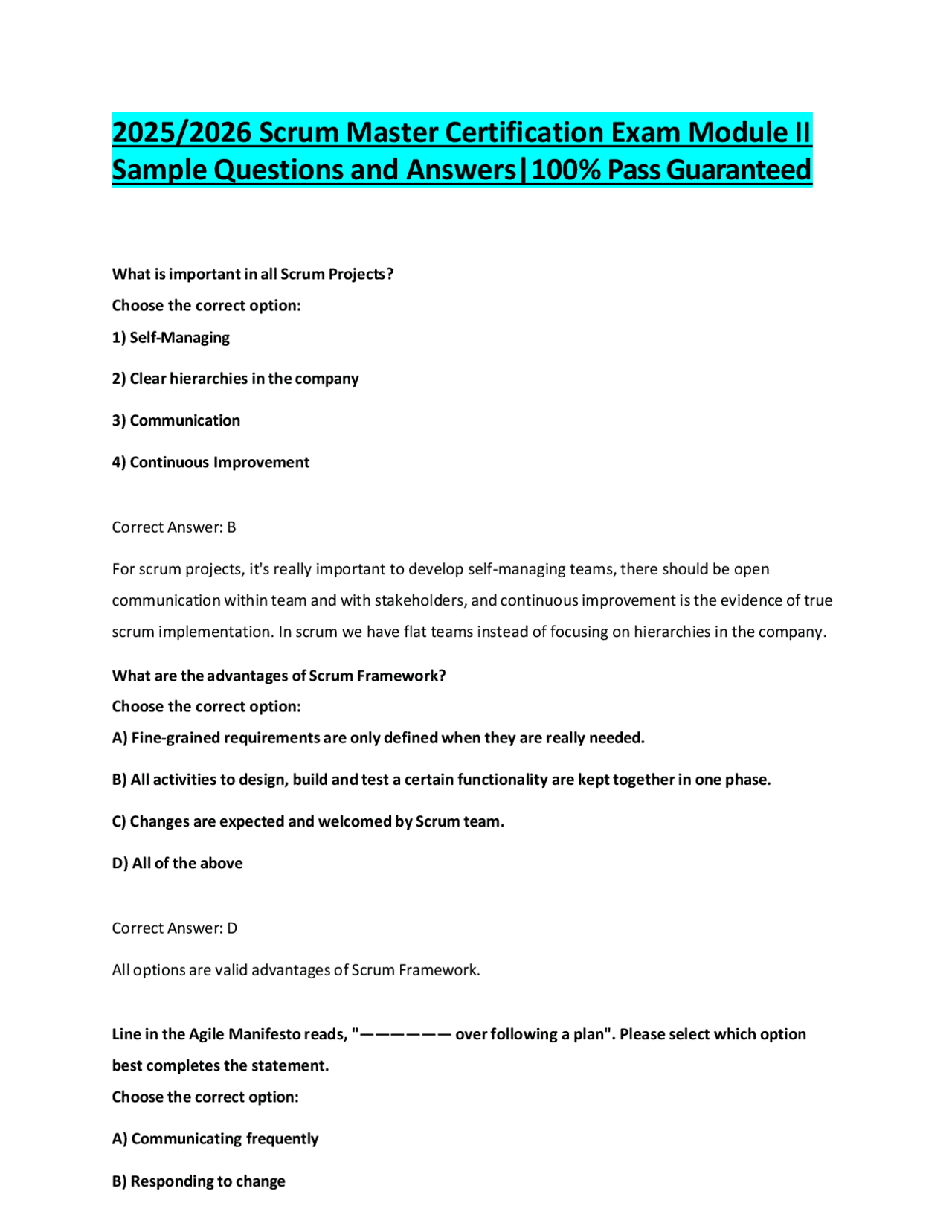 2025/2026 Scrum Master Certification Exam Module II Sample Questions and Answers|100% Pas ...