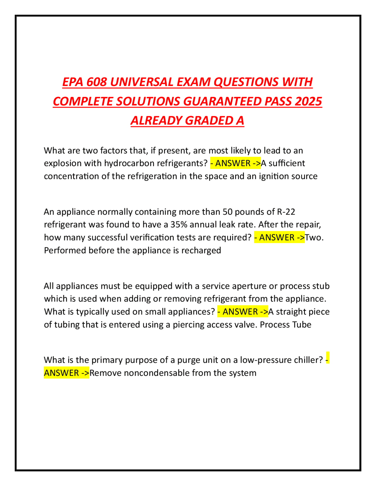 EPA 608 UNIVERSAL EXAM QUESTIONS WITH COMPLETE SOLUTIONS GUARANTEED ...