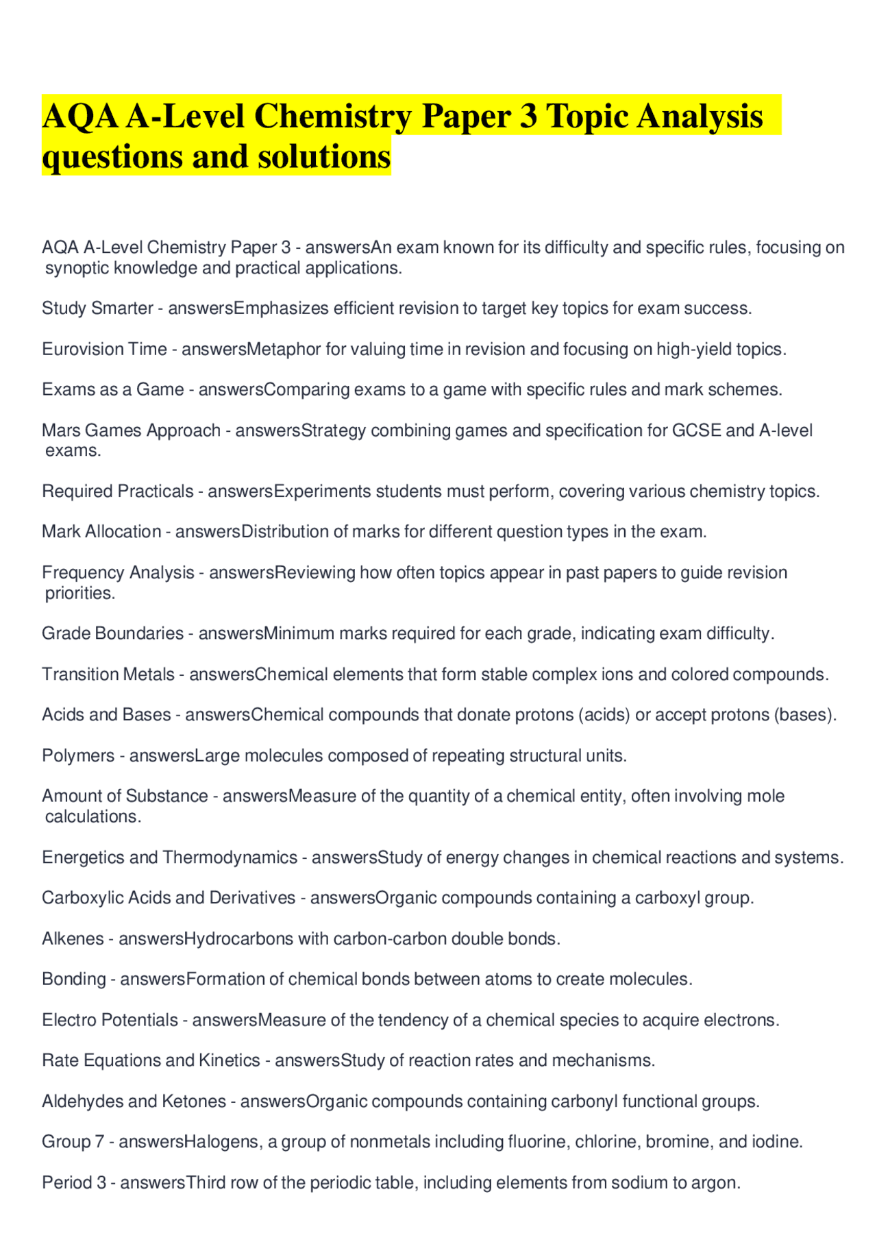 AQA A-Level Chemistry Paper 3: Topic Analysis, Questions, and Solutions ...