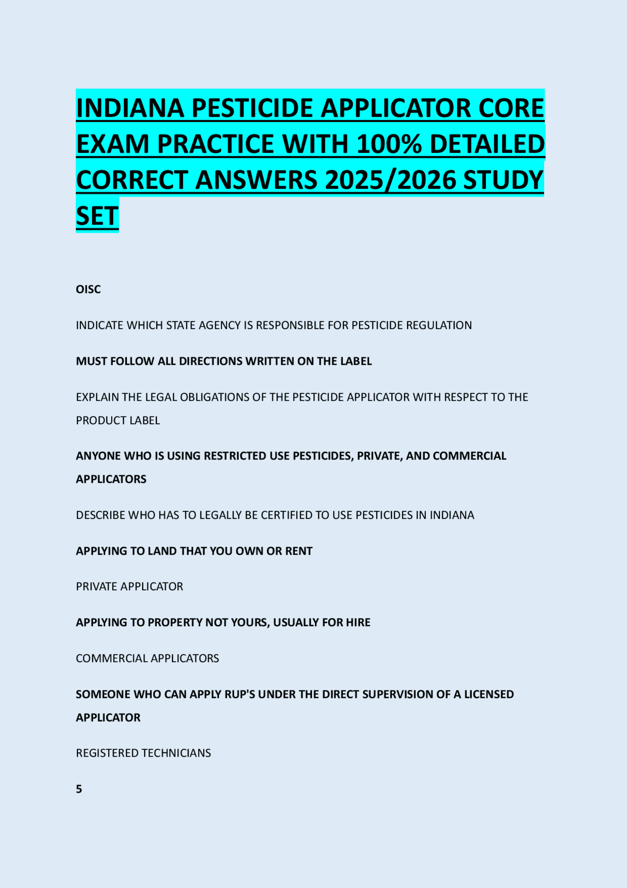 INDIANA PESTICIDE APPLICATOR CORE EXAM PRACTICE WITH 100% DETAILED CORRECT ANSWERS 2025 | Exams ...