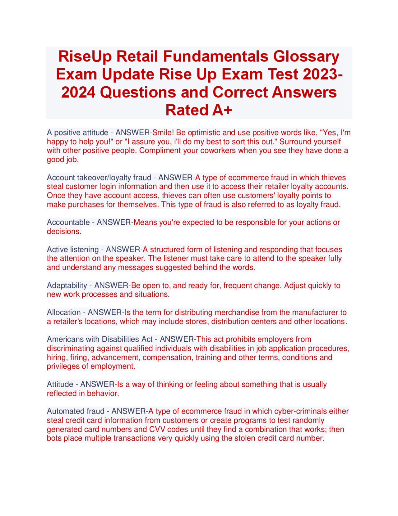 RiseUp Retail Fundamentals Glossary rated best exams | Exams Nursing ...
