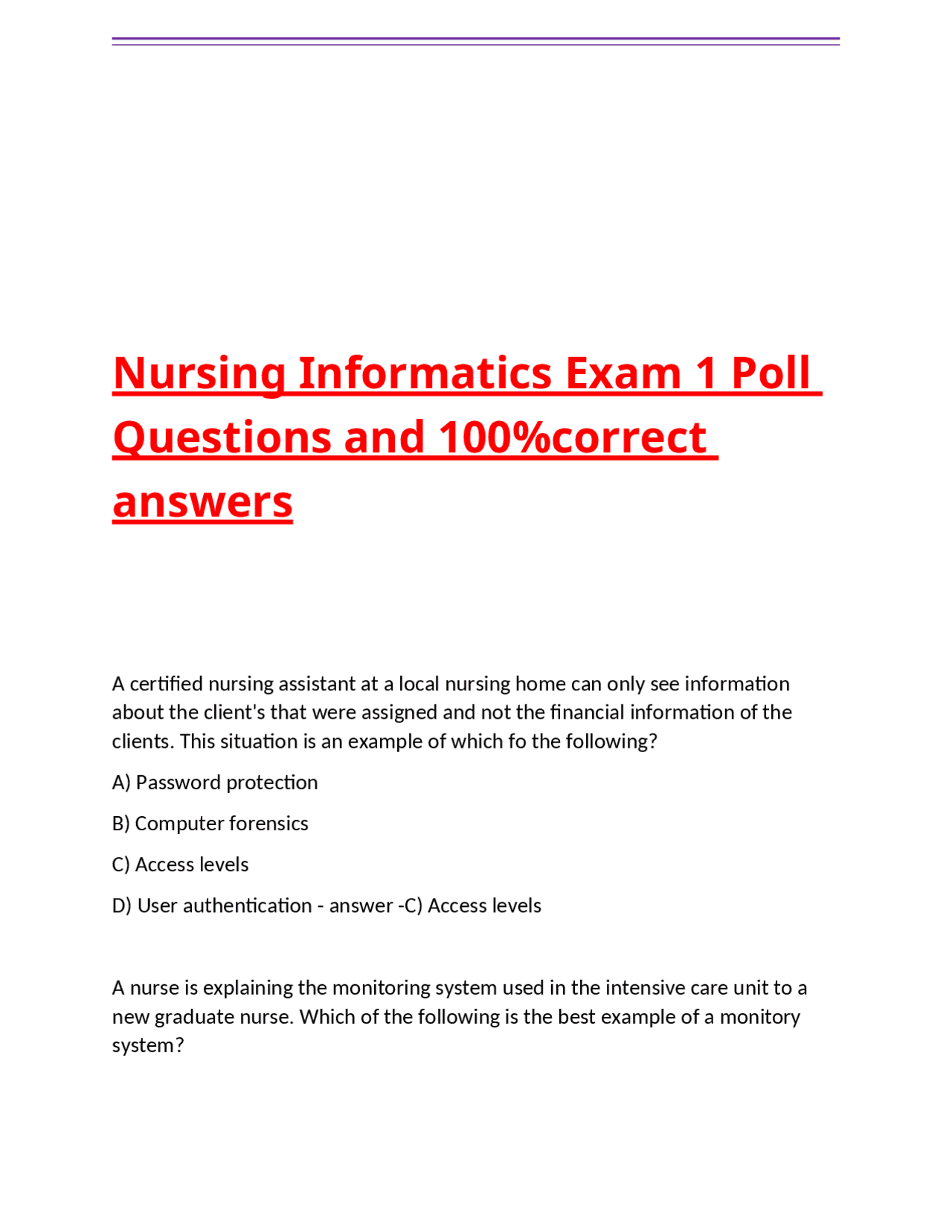Nursing Informatics Exam 1 Poll Questions And 100 Correct Answers Docx