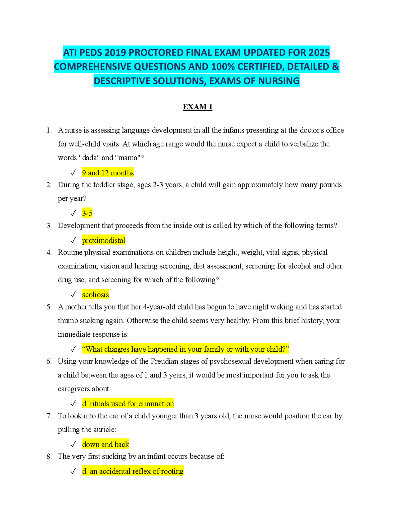 ATI PEDS 2019 PROCTORED FINAL EXAM UPDATED FOR 2025 COMPREHENSIVE ...