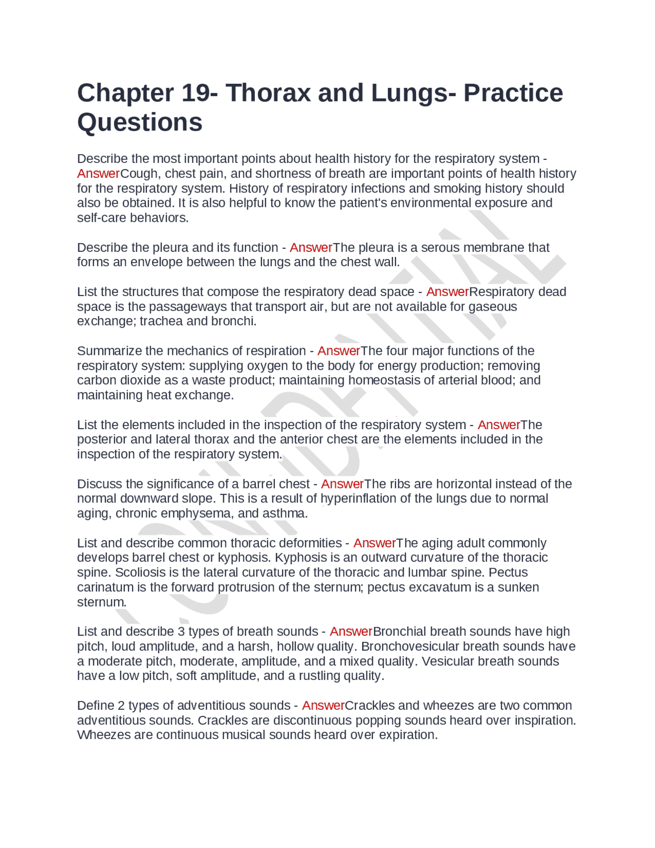 Chapter 19- Thorax and Lungs- Practice Questions | Exams Nursing | Docsity