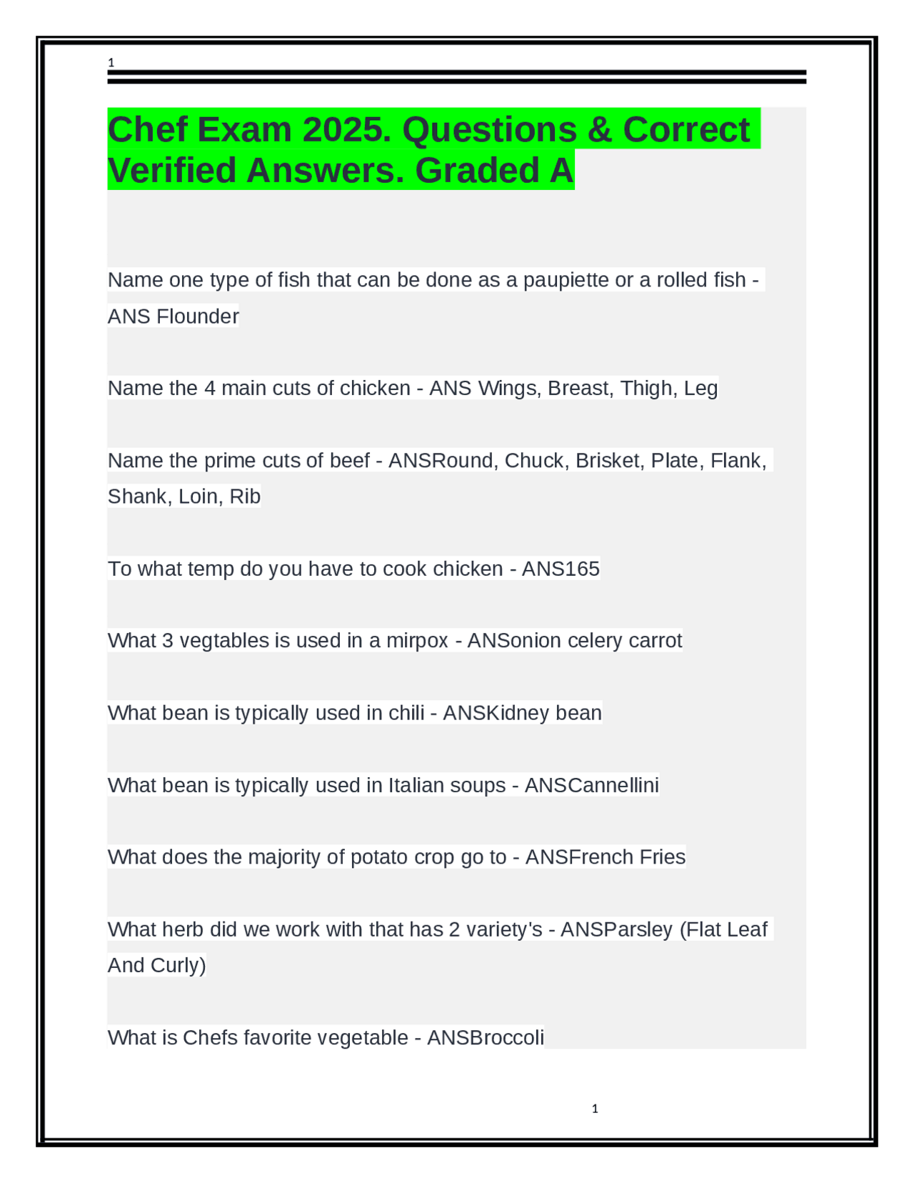 Chef Exam 2025. Questions & Correct Verified Answers. Graded A | Exams ...