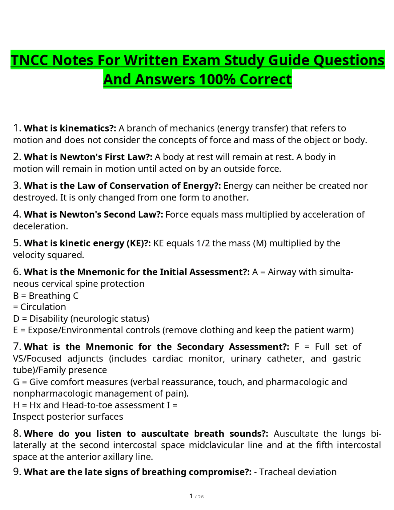 TNCC Notes For Written Exam Study Guide Questions And Answers 100% ...