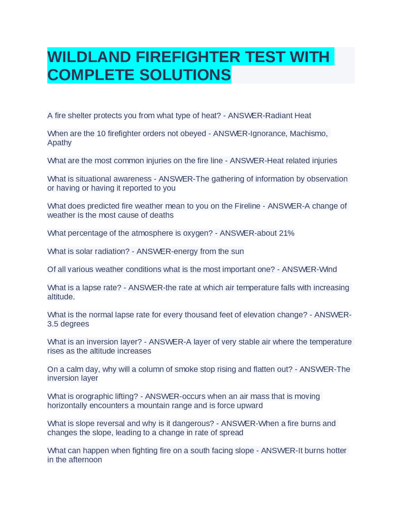 WILDLAND FIREFIGHTER TEST WITH COMPLETE SOLUTIONS | Exams Safety and ...