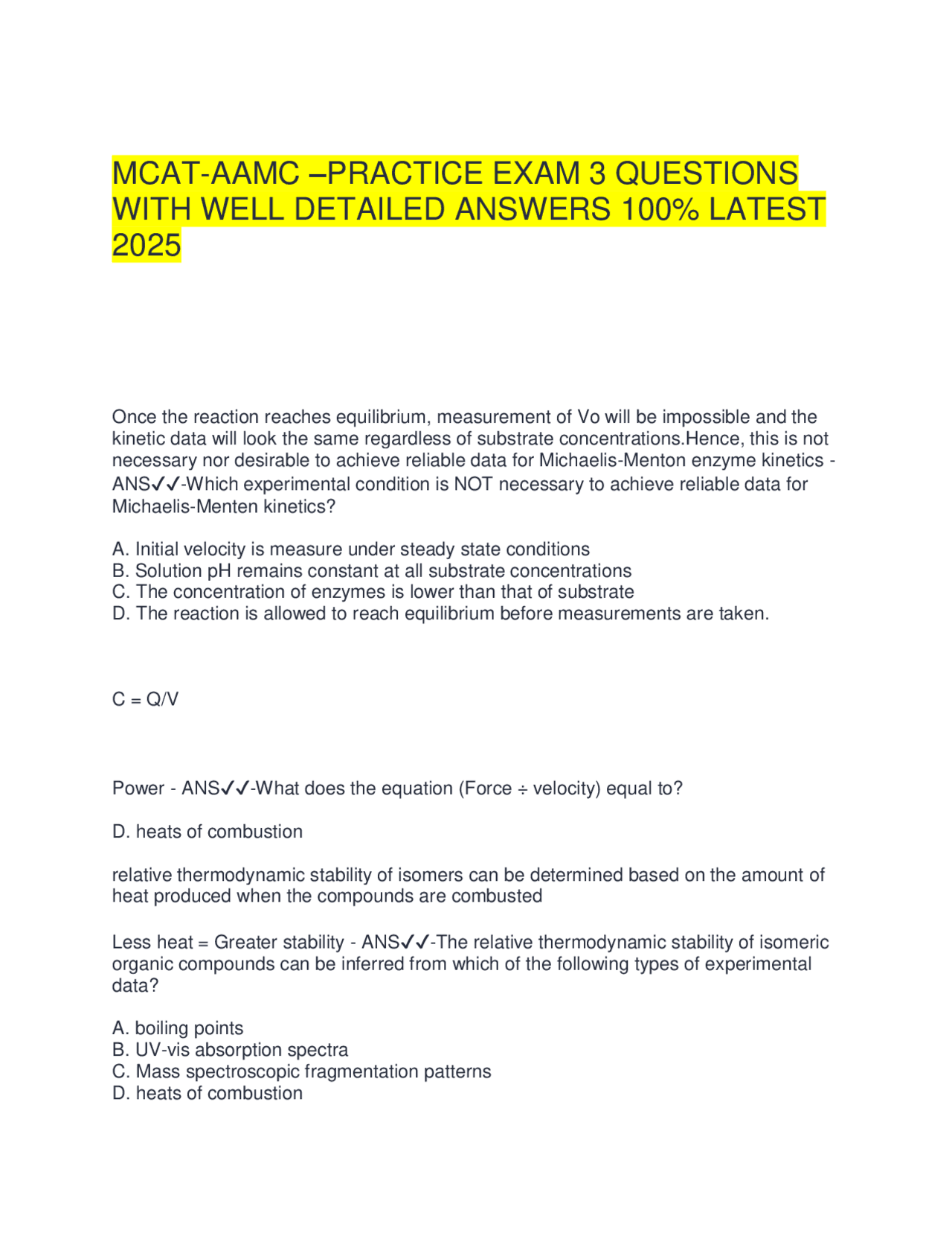 MCAT-AAMC –PRACTICE EXAM 3 QUESTIONS WITH WELL DETAILED ANSWERS 100% ...