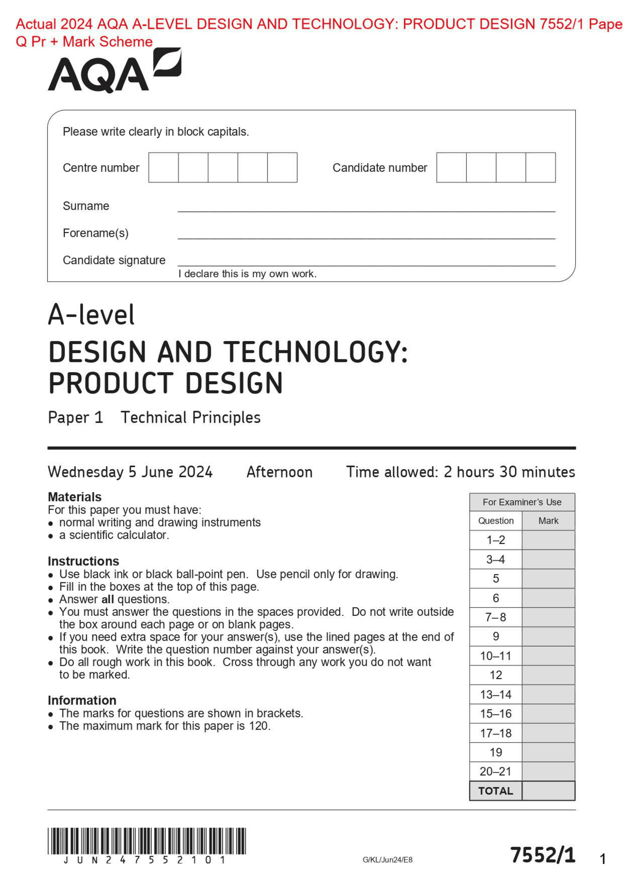 Actual 2024 AQA A-LEVEL DESIGN AND TECHNOLOGY: PRODUCT DESIGN 7552/1 ...