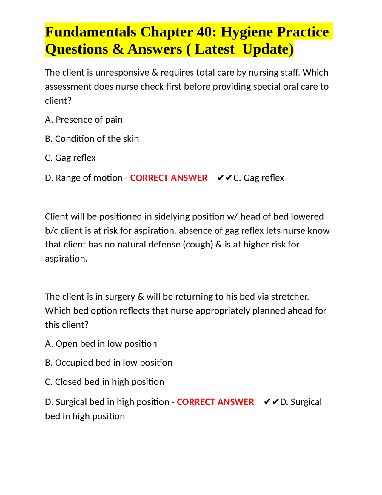 Hygiene Practices: Multiple Choice Questions and Answers for Nursing ...