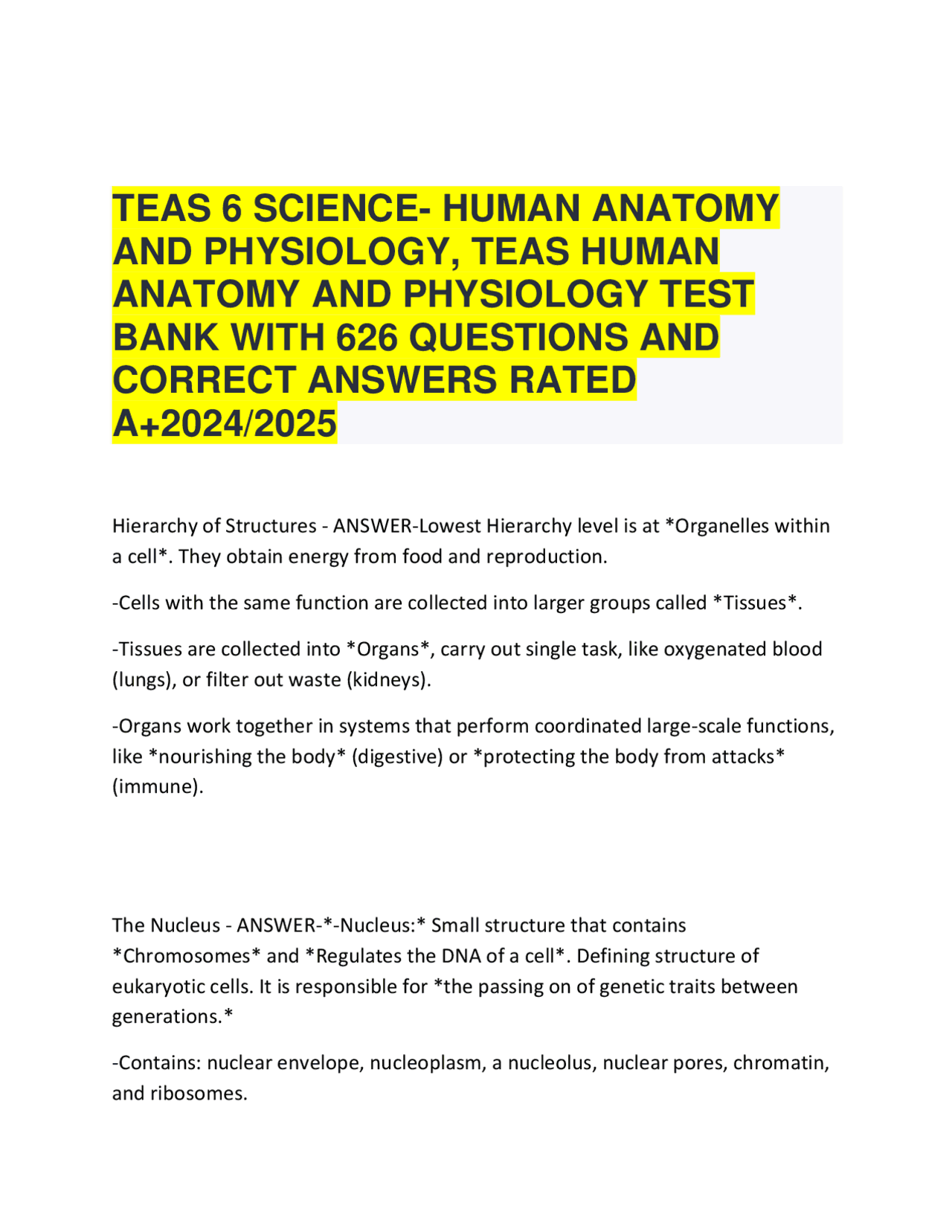 TEAS 6 SCIENCE- HUMAN ANATOMY AND PHYSIOLOGY, TEAS HUMAN ANATOMY AND ...