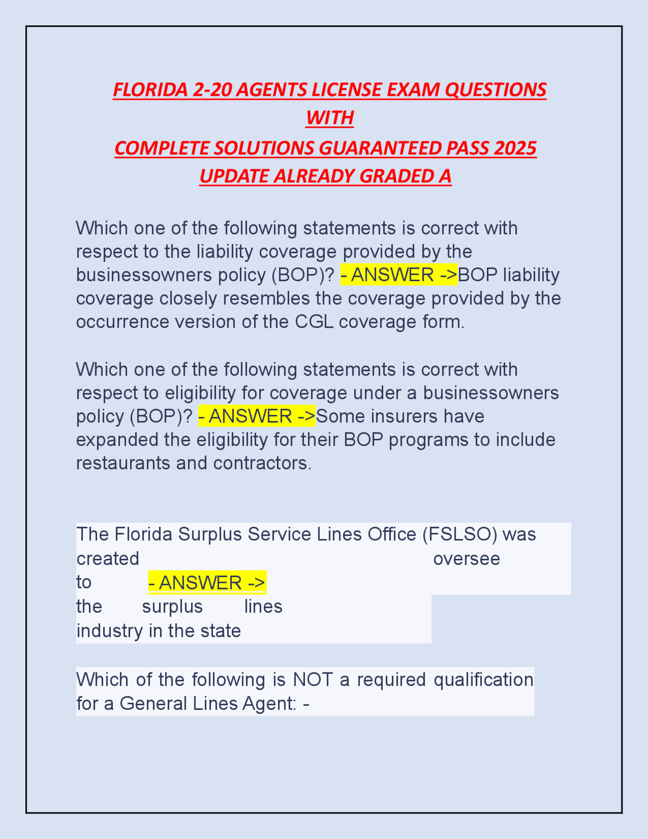 FLORIDA 2-20 AGENTS LICENSE EXAM QUESTIONS WITH COMPLETE SOLUTIONS ...