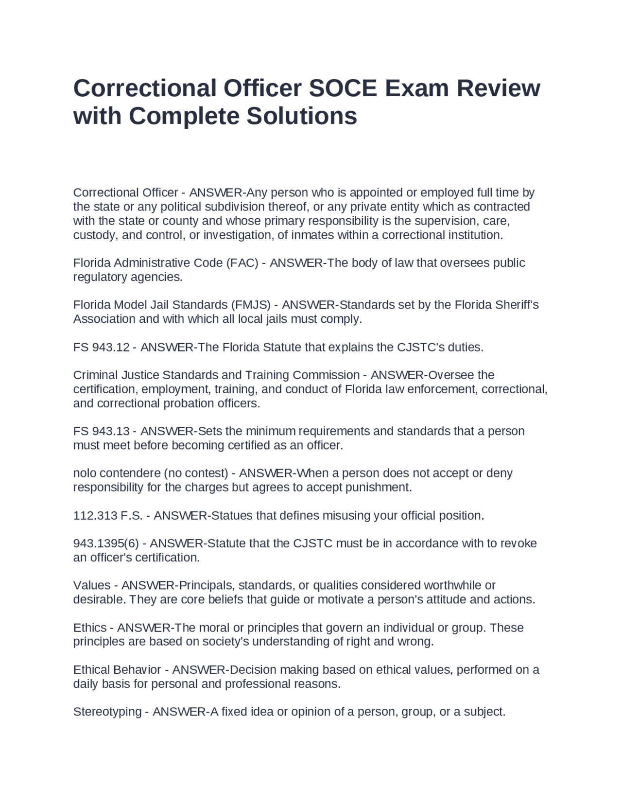 Correctional Officer SOCE Exam Review with Complete Solutions | Exams ...