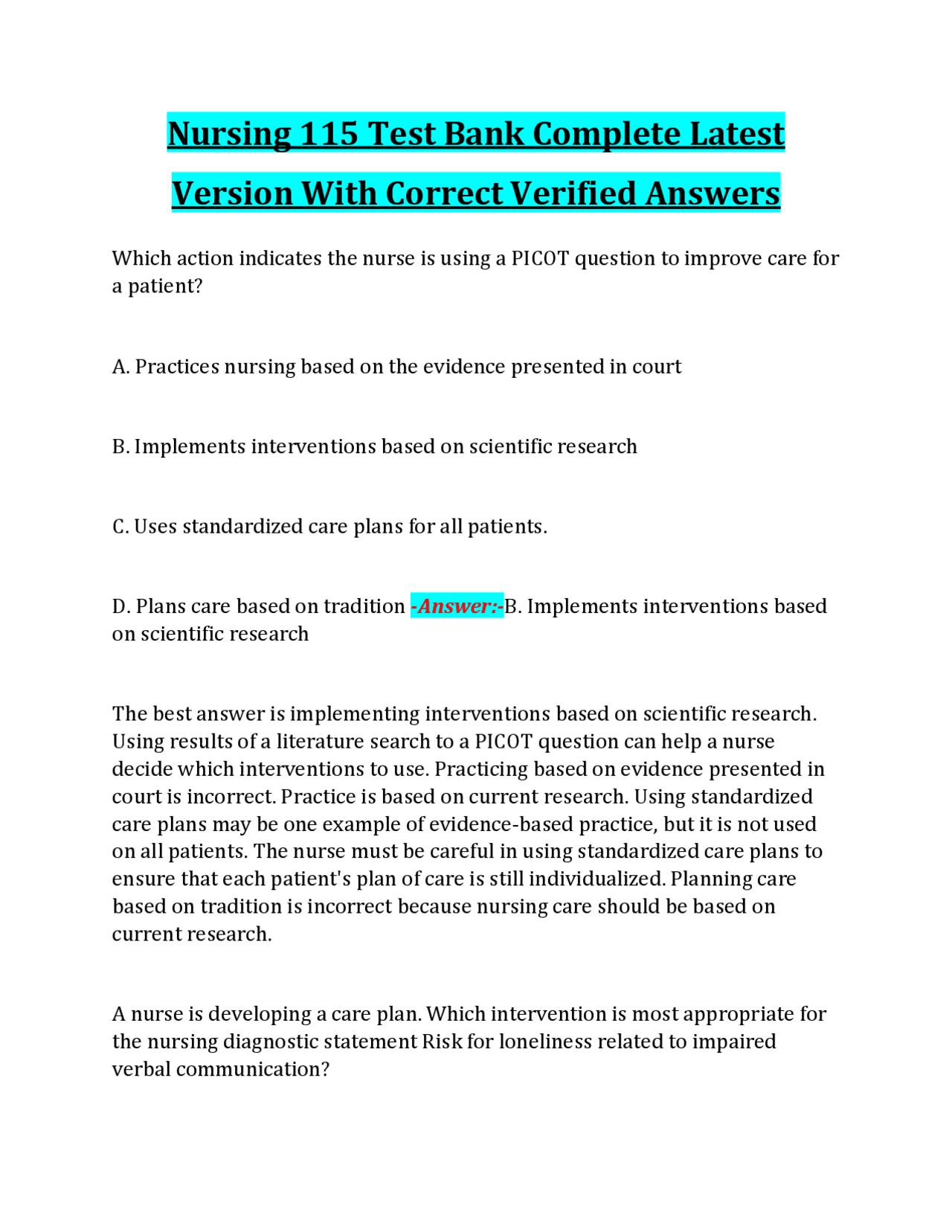 Nursing 115 Test Bank: Practice Questions and Answers | Exams Nursing ...