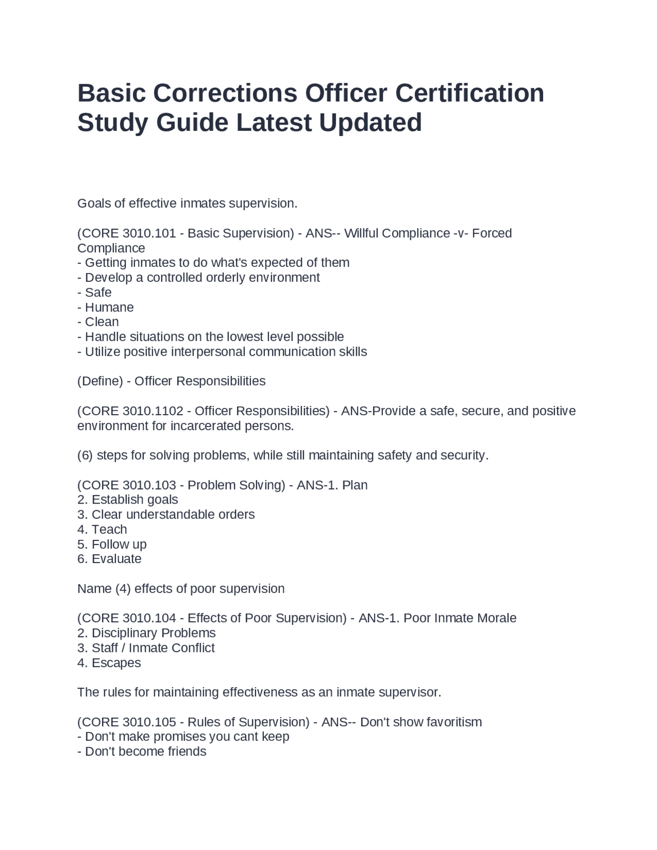 Basic Corrections Officer Certification Study Guide Latest Updated ...