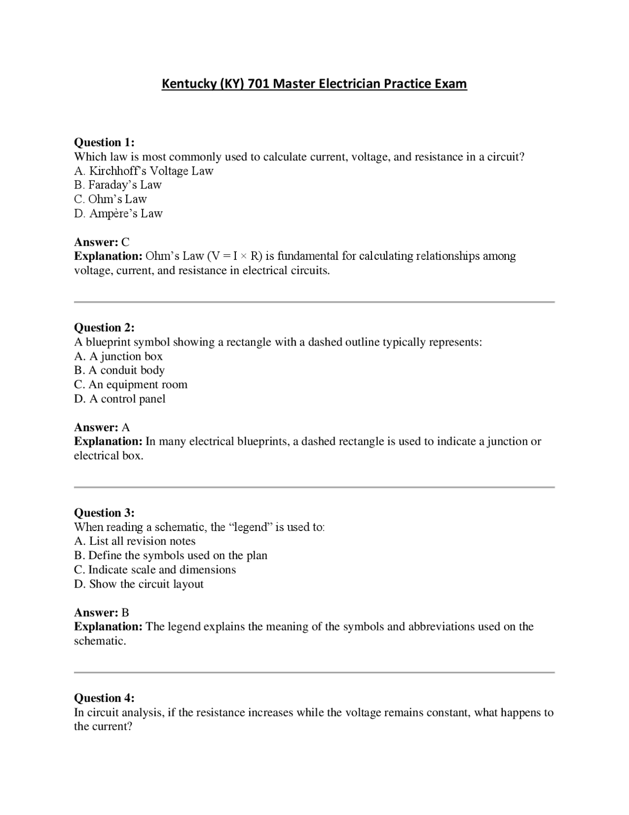 Kentucky (KY) 701 Master Electrician Practice Exam | Exams Technology ...