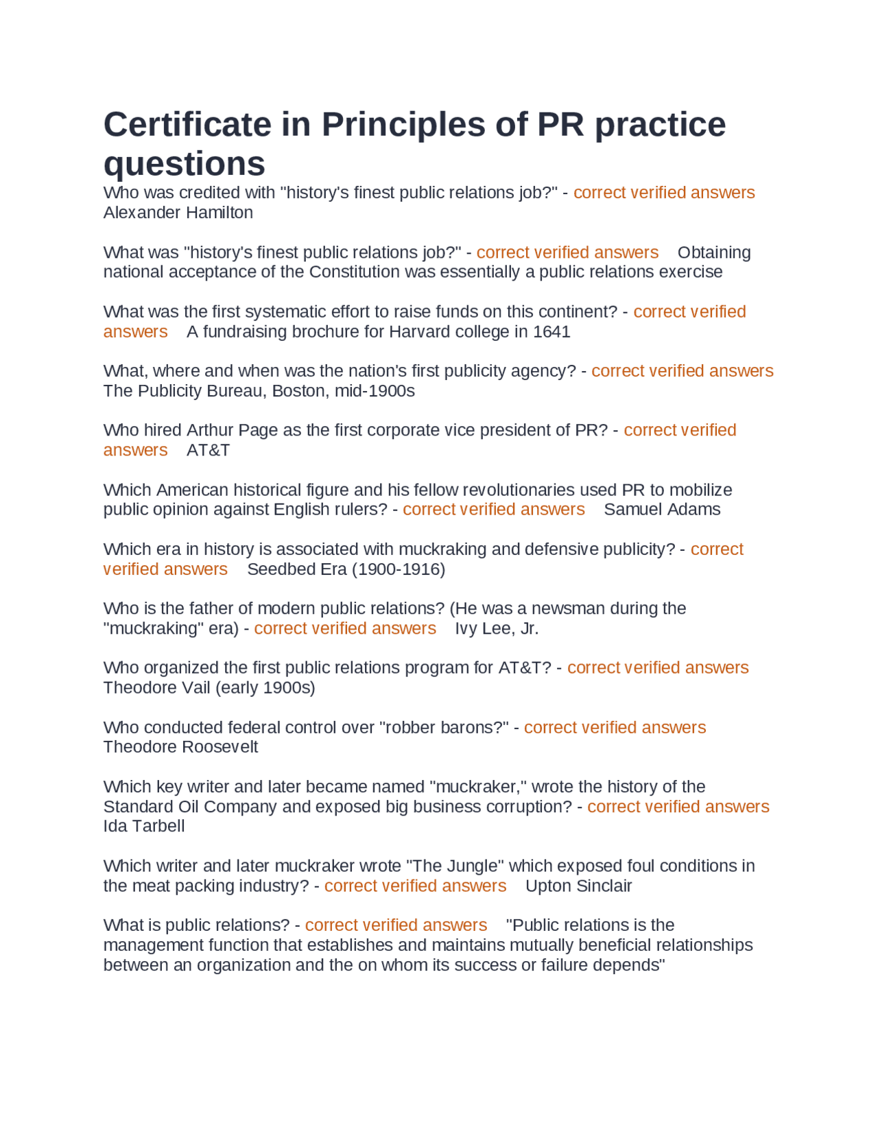 Principles of Public Relations Practice: Questions and Answers | Exams Health psychology | Docsity