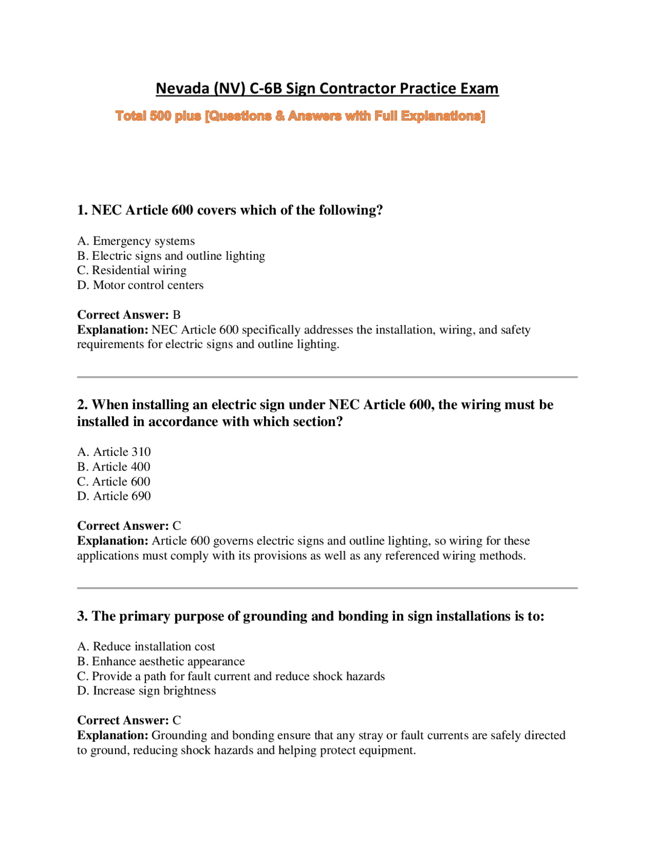 Nevada (NV) C‑6B Sign Contractor Practice Exam | Exams Technology | Docsity