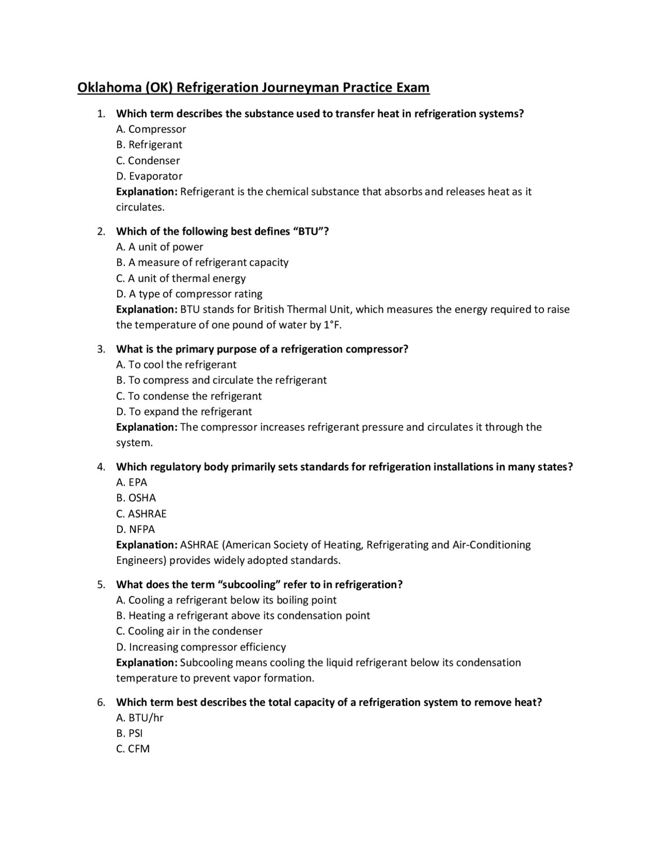 Oklahoma (OK) Refrigeration Journeyman Practice Exam | Exams Technology ...