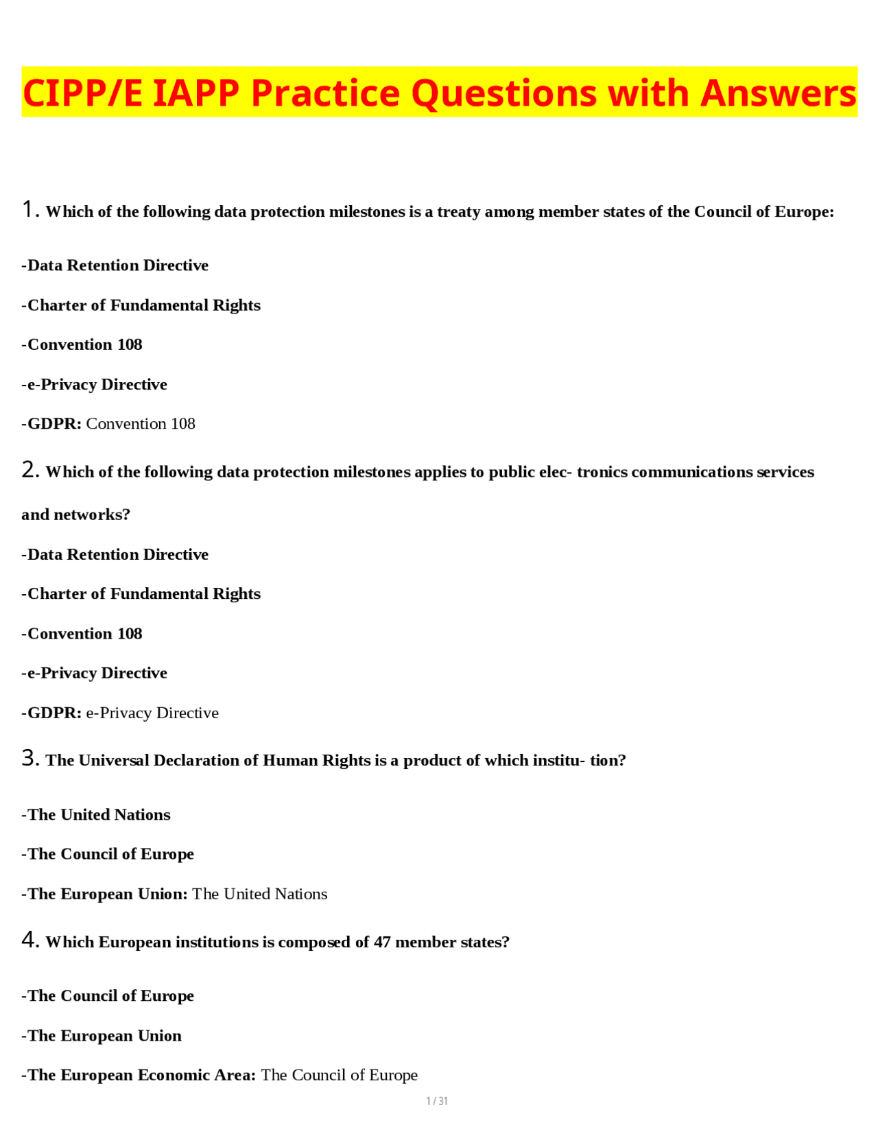 CIPP/E IAPP Practice Questions with Answers | Exams Administrative Law | Docsity