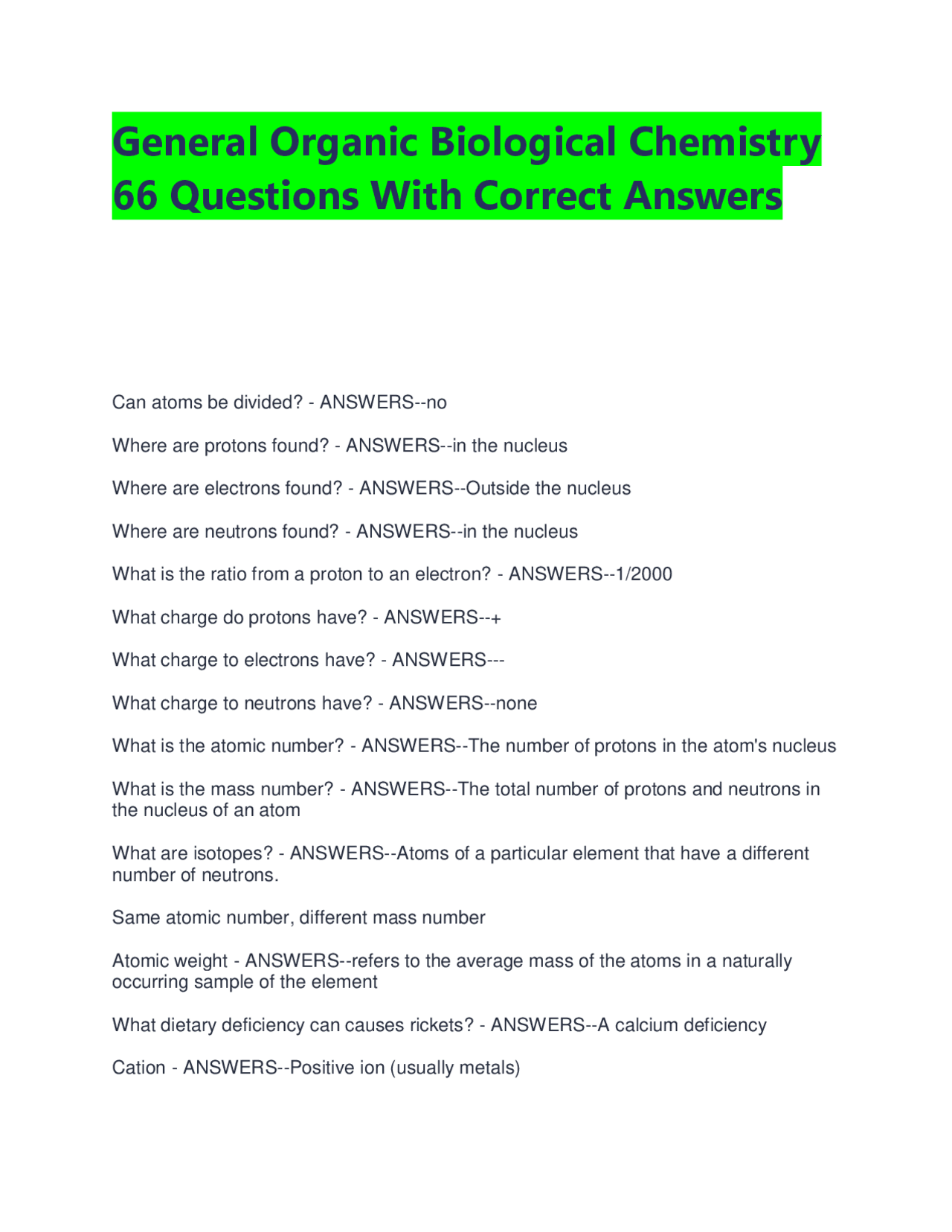 General Organic Biological Chemistry: 66 Questions and Answers ...