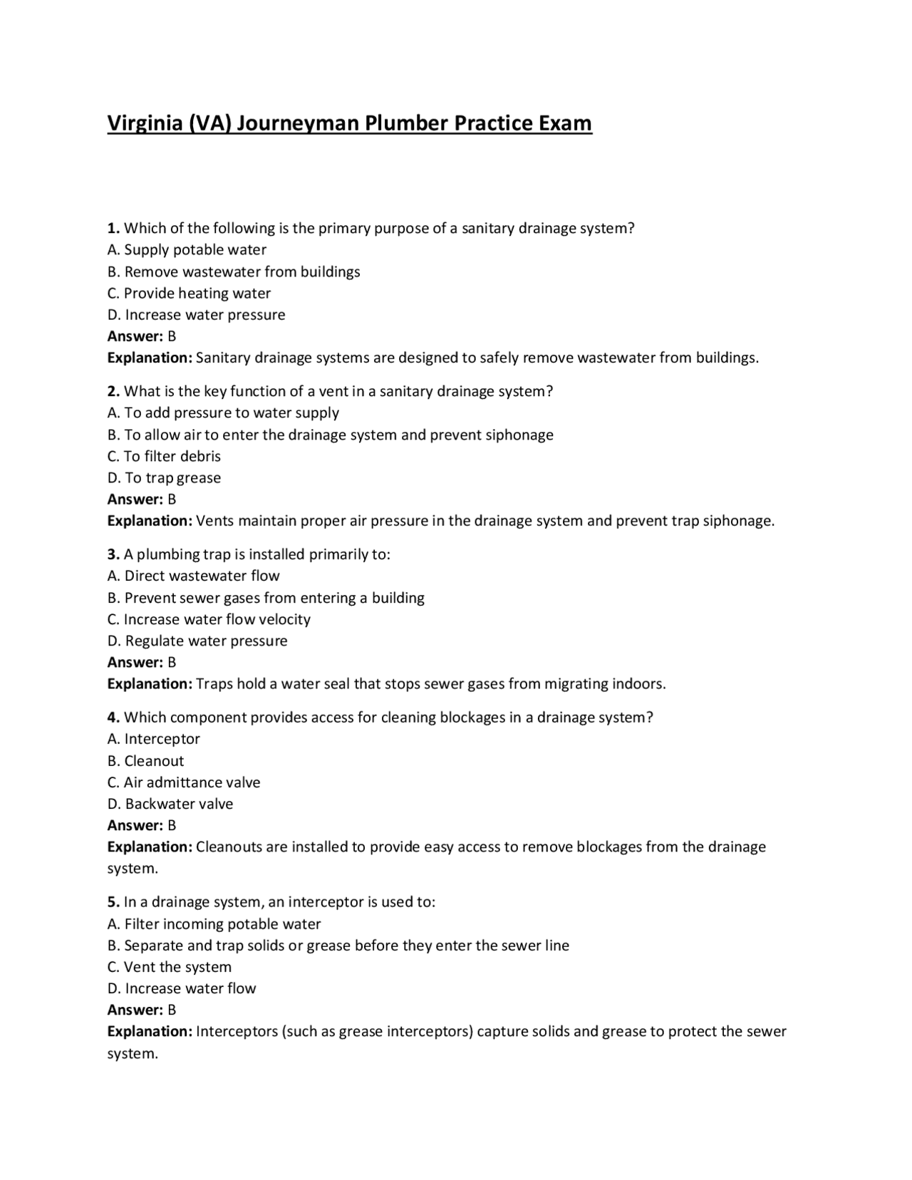 Virginia (VA) Journeyman Plumber Practice Exam | Exams Technology | Docsity