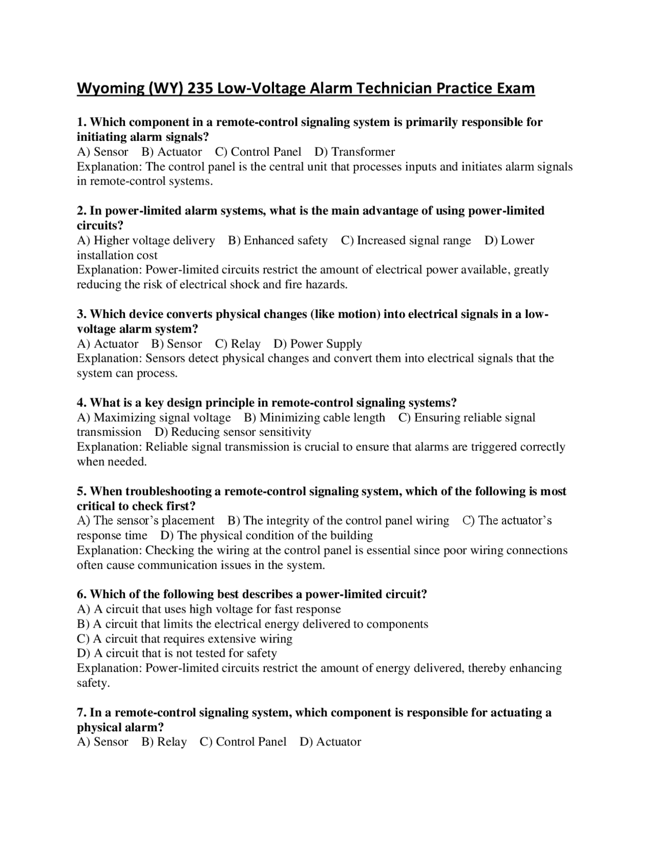 Wyoming (WY) 235 Low-Voltage Alarm Technician Practice Exam | Exams ...