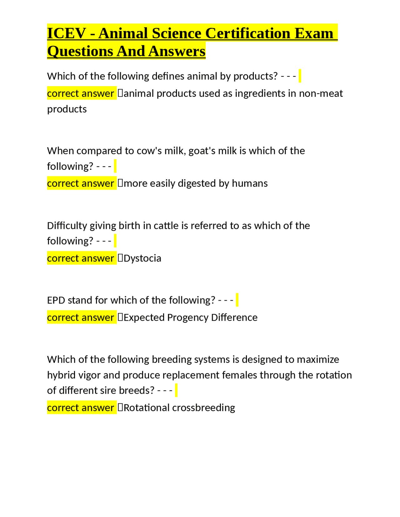 ICEV - Animal Science Certification Exam Questions And Answers | Exams ...
