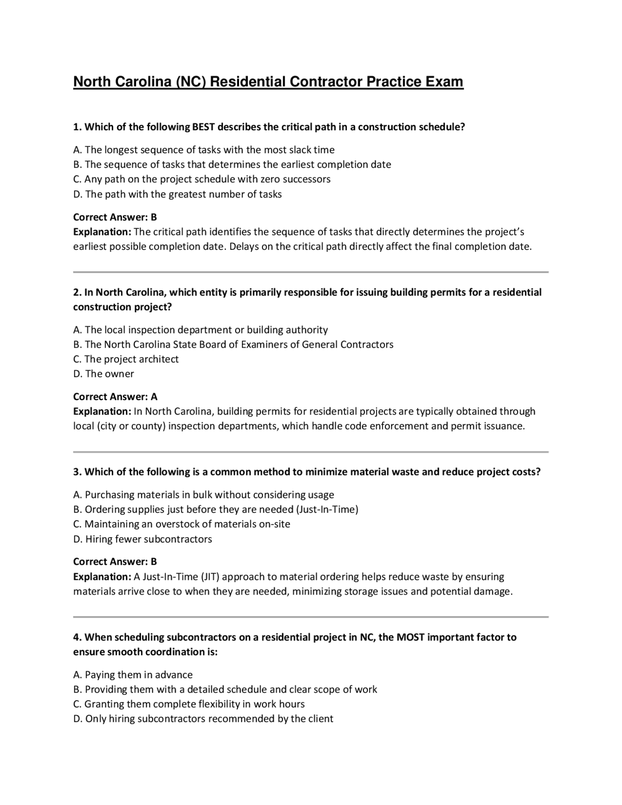 North Carolina (NC) Residential Contractor Practice Exam | Exams ...