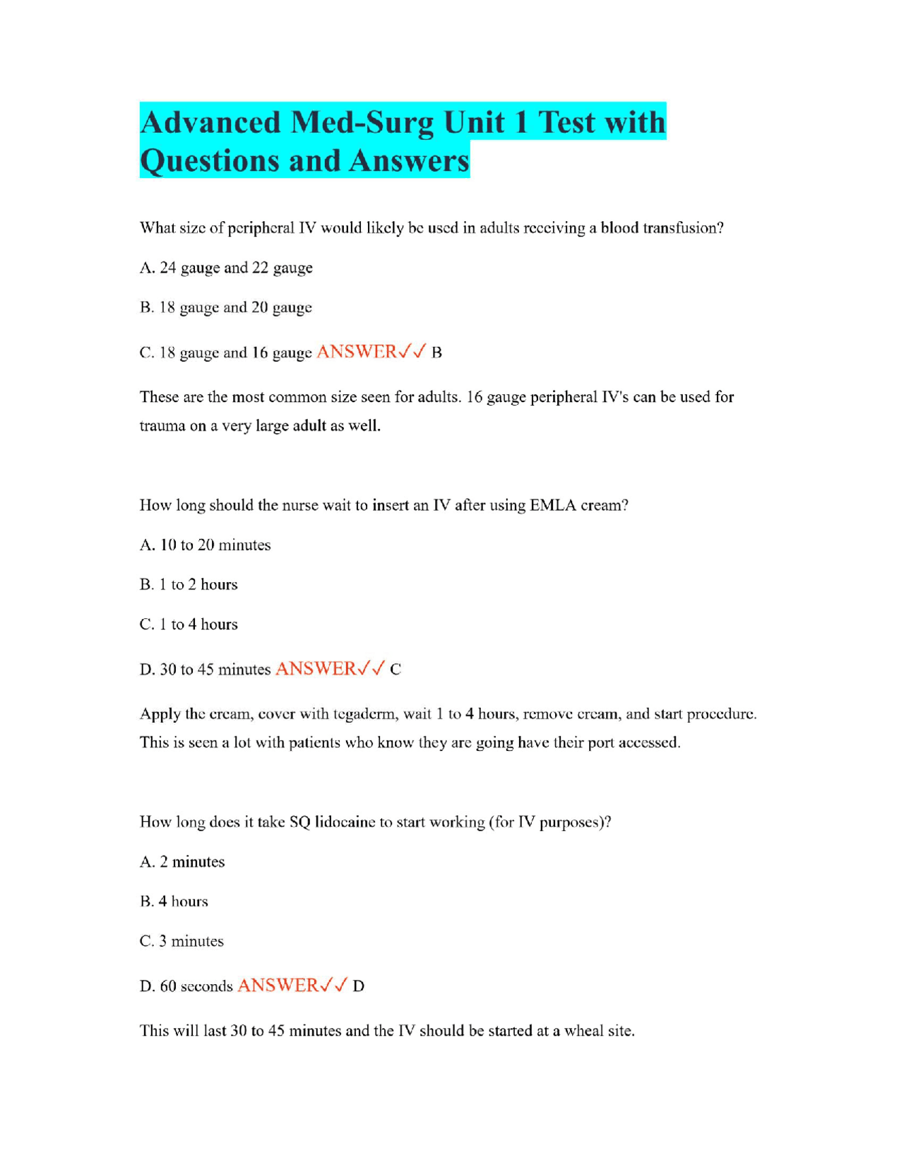 Advanced Med-Surg Unit 1 Test with Questions and Answers | Exams ...