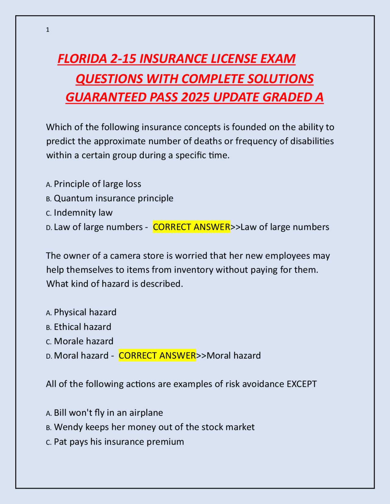 FLORIDA 2-15 INSURANCE LICENSE EXAM QUESTIONS WITH COMPLETE SOLUTIONS ...