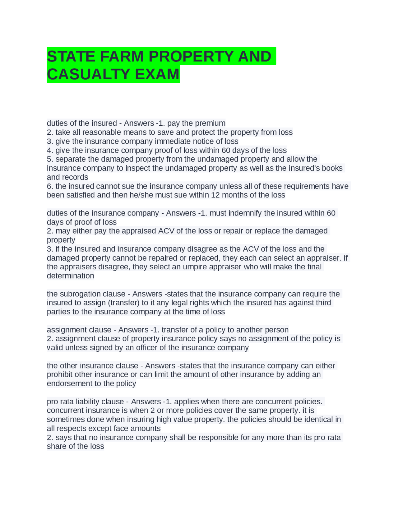 STATE FARM PROPERTY AND CASUALTY EXAM QUESTIONS WITH COMPLETE SOLUTIONS ...