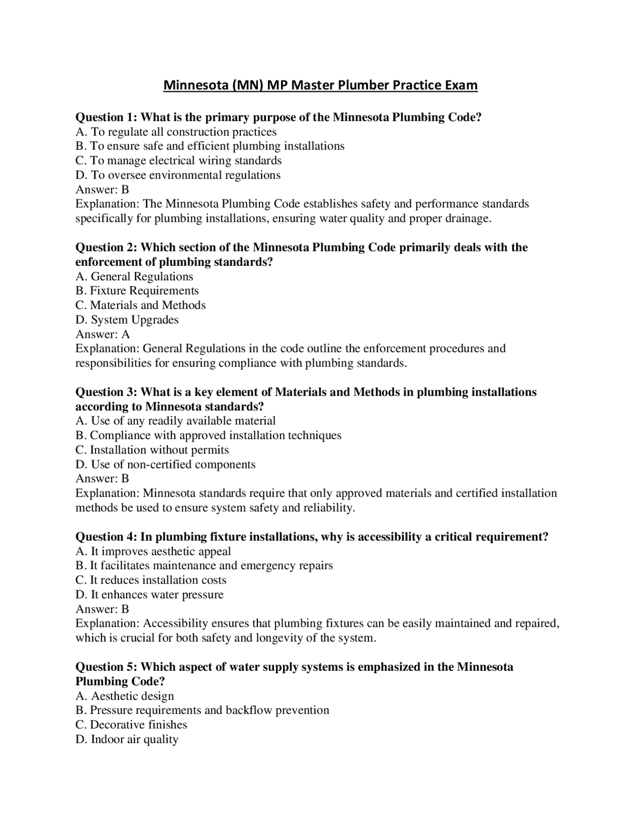 Minnesota (MN) MP Master Plumber Practice Exam | Exams Technology | Docsity