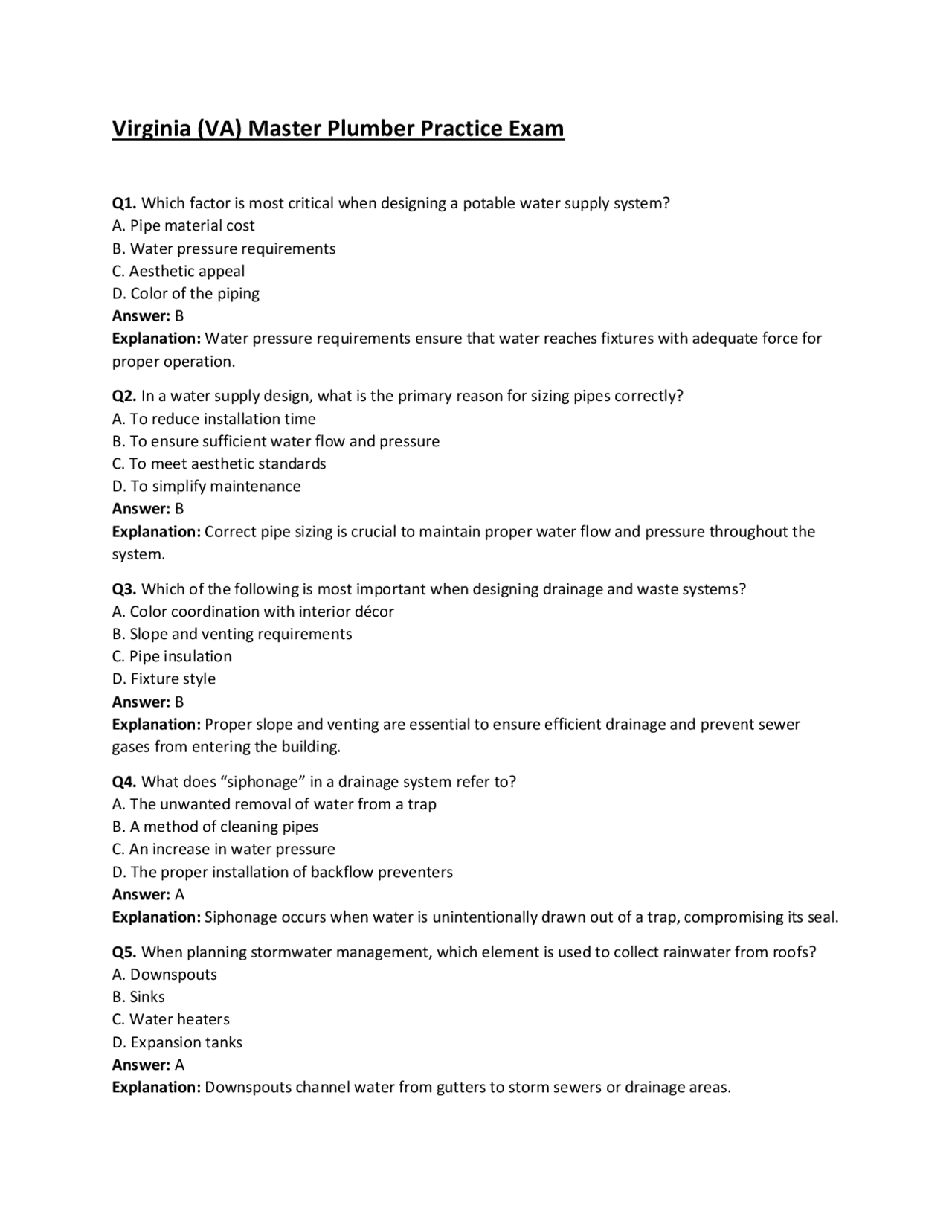 Virginia (VA) Master Plumber Practice Exam | Exams Technology | Docsity