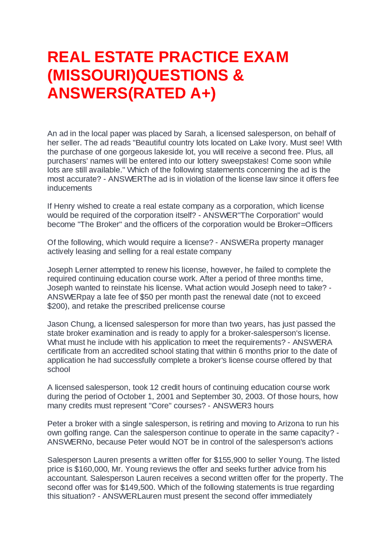 REAL ESTATE PRACTICE EXAM (MISSOURI)QUESTIONS & ANSWERS(RATED A+ ...