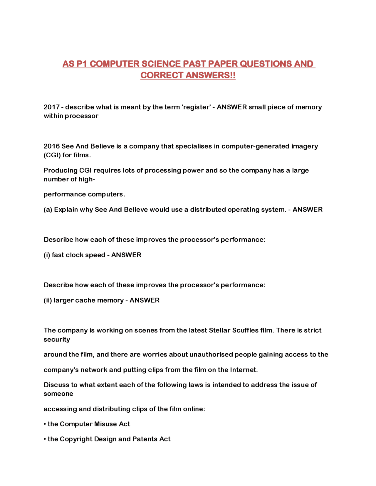 AS P1 COMPUTER SCIENCE PAST PAPER QUESTIONS AND CORRECT ANSWERS ...