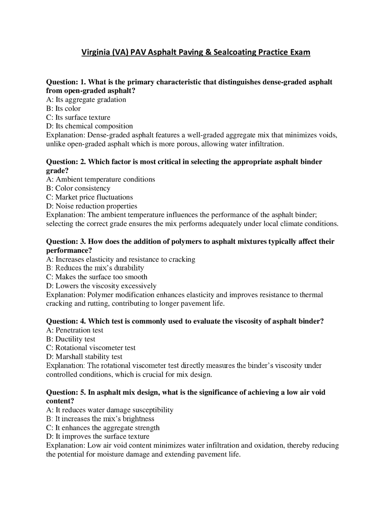 Virginia (VA) PAV Asphalt Paving & Sealcoating Practice Exam | Exams ...
