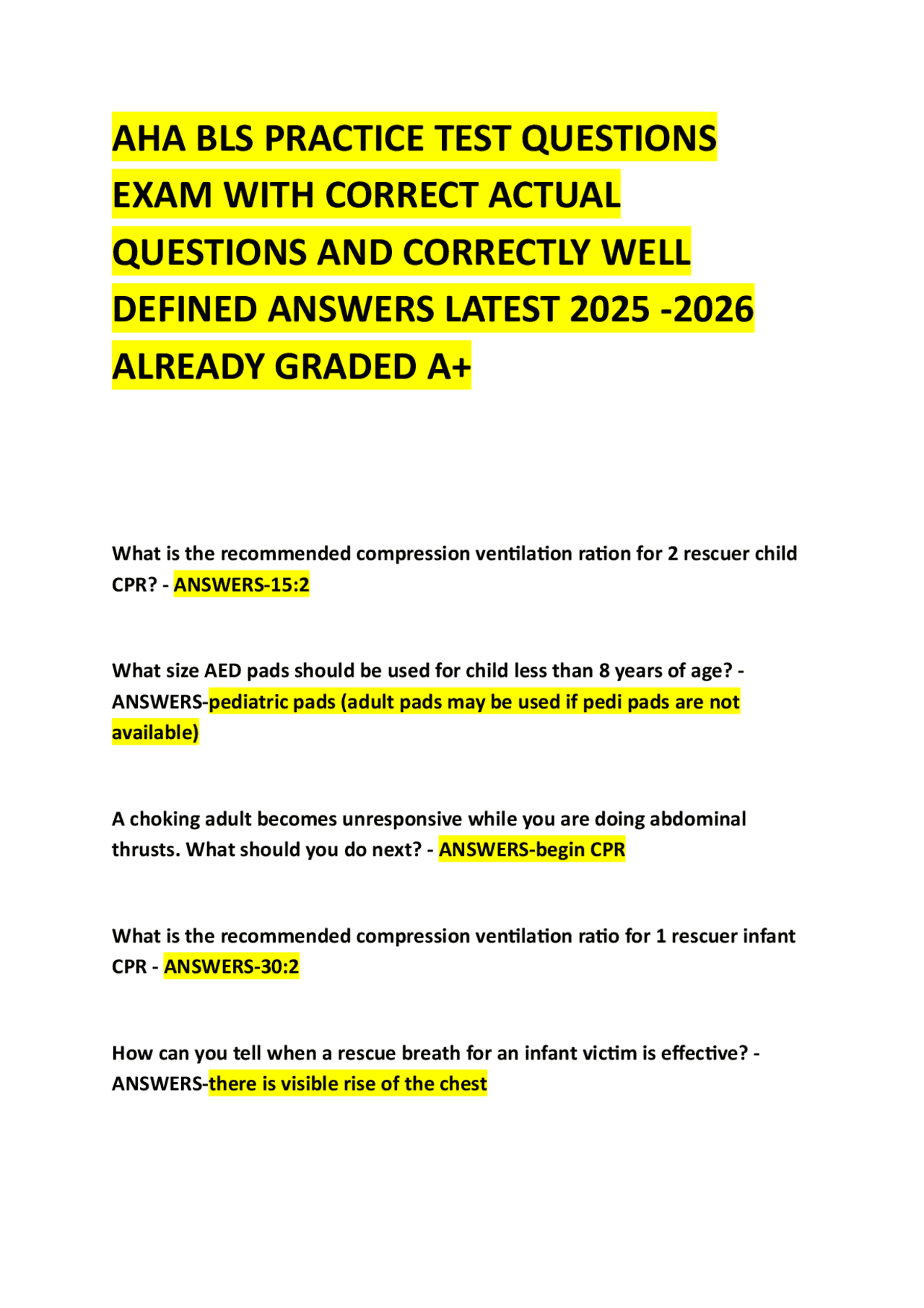 AHA BLS PRACTICE TEST QUESTIONS EXAM WITH CORRECT ACTUAL QUESTIONS ...