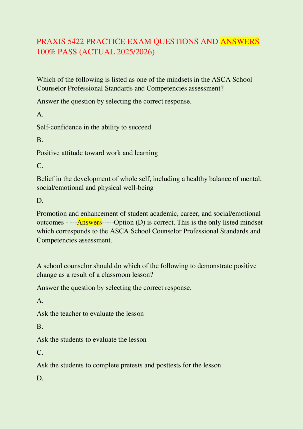 Praxis 5422 Practice Exam Questions and Answers: School Counseling ...