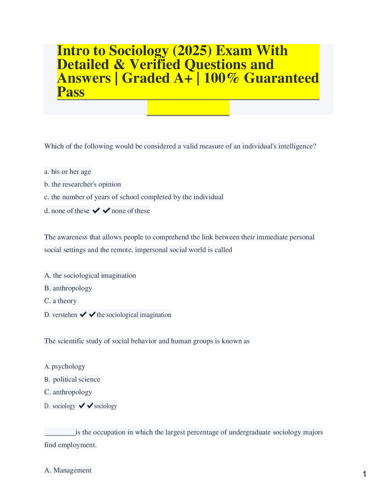 Intro to Sociology (2025) Exam With Detailed & Verified Questions and ...