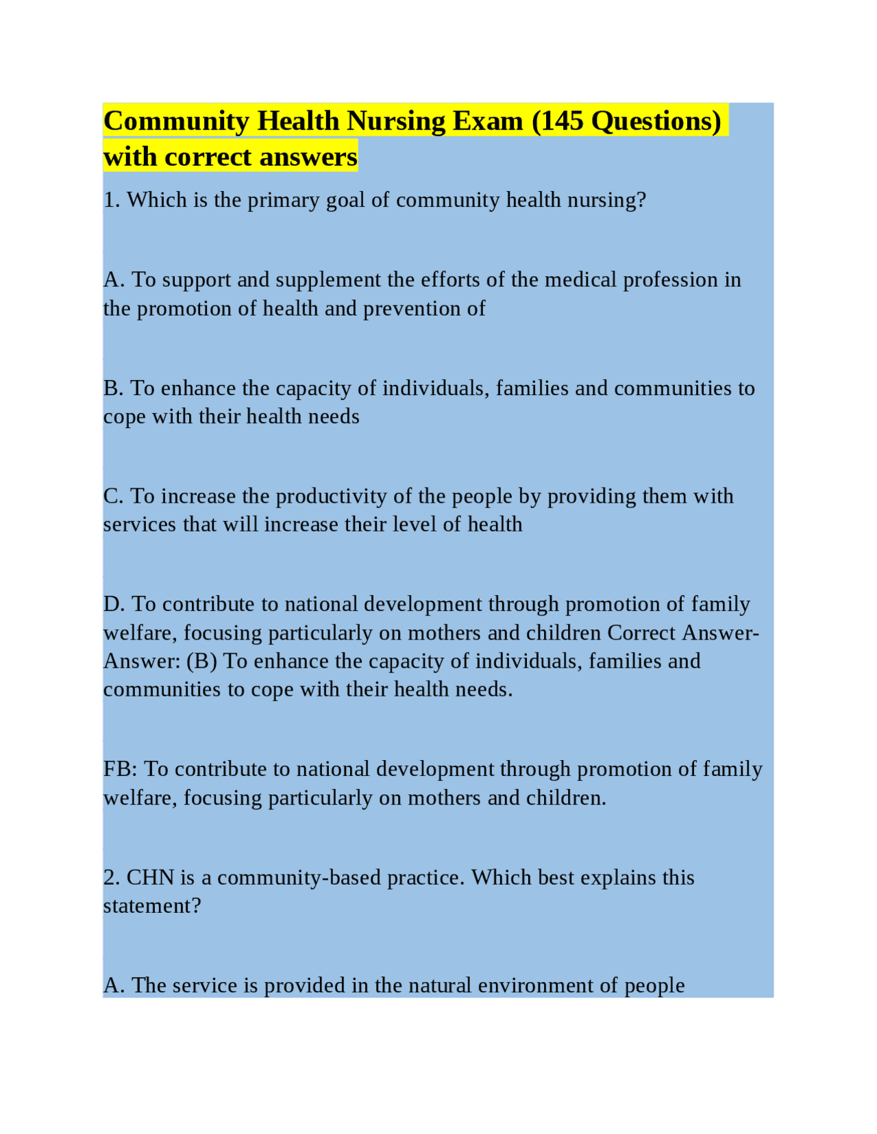 Community Health Nursing Exam (145 Questions) with correct answers ...